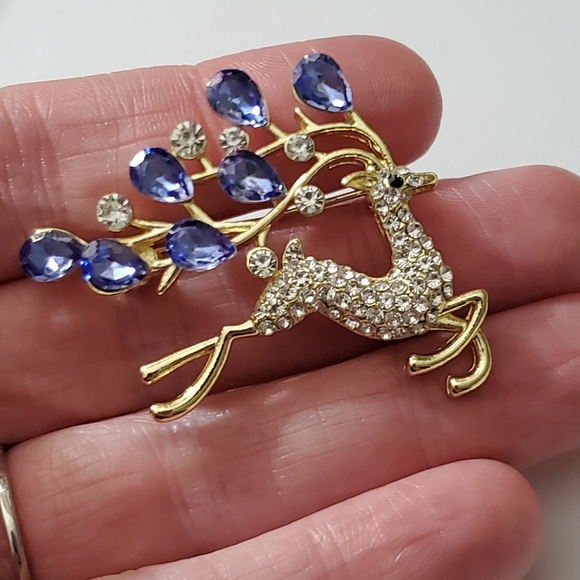 Jewelry | Reindeer Brooch Blue Glass Stones Pave Gold Stag Deer Pin ...